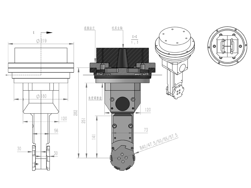 DK90-BT40-R40-R57.5 dual-output spindle adapter / dual-spindle angle head (90°), shared-angle ...